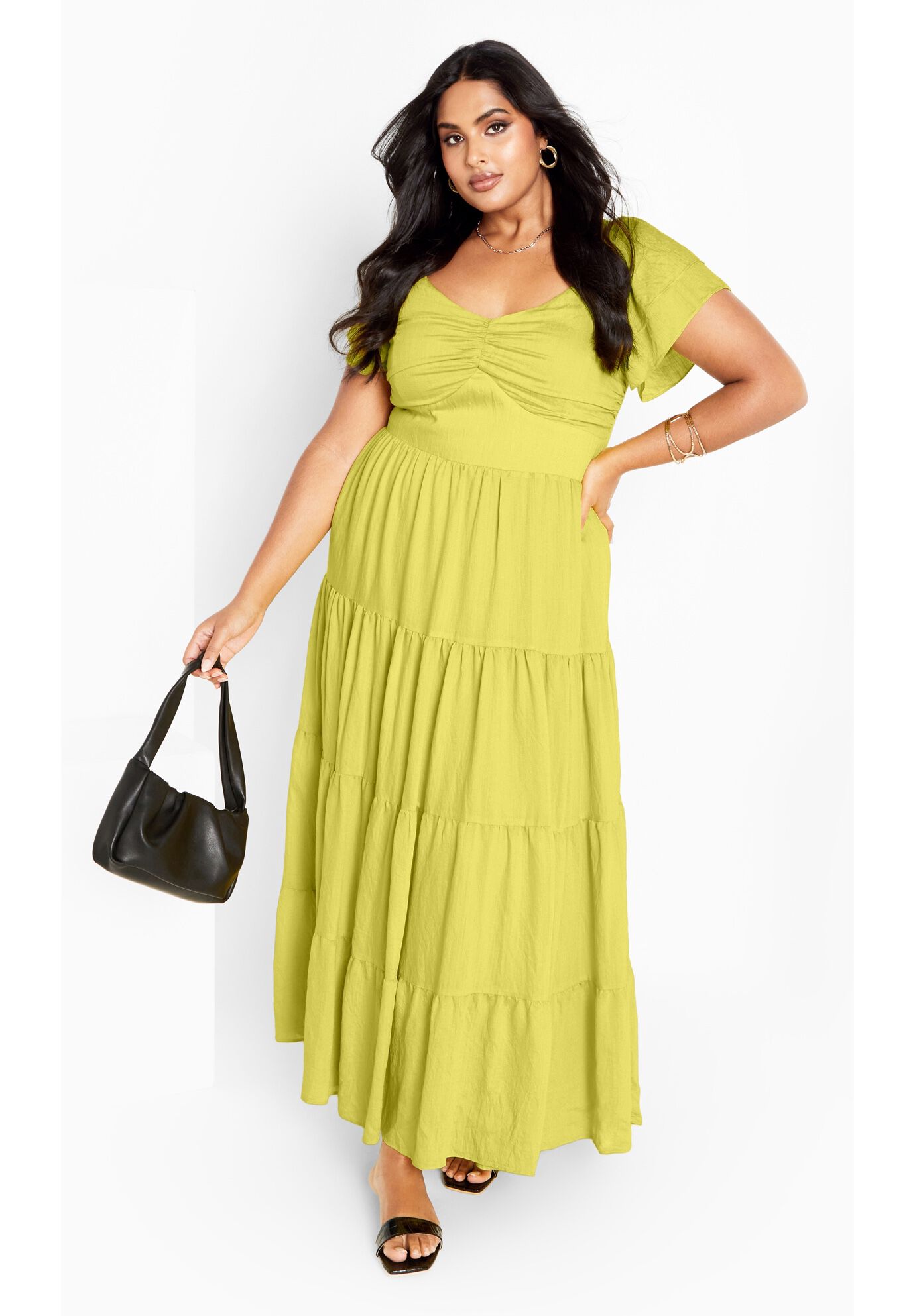 Ariella Flutter Sleeves Tier Maxi Dress - lush lime | Dia & Co