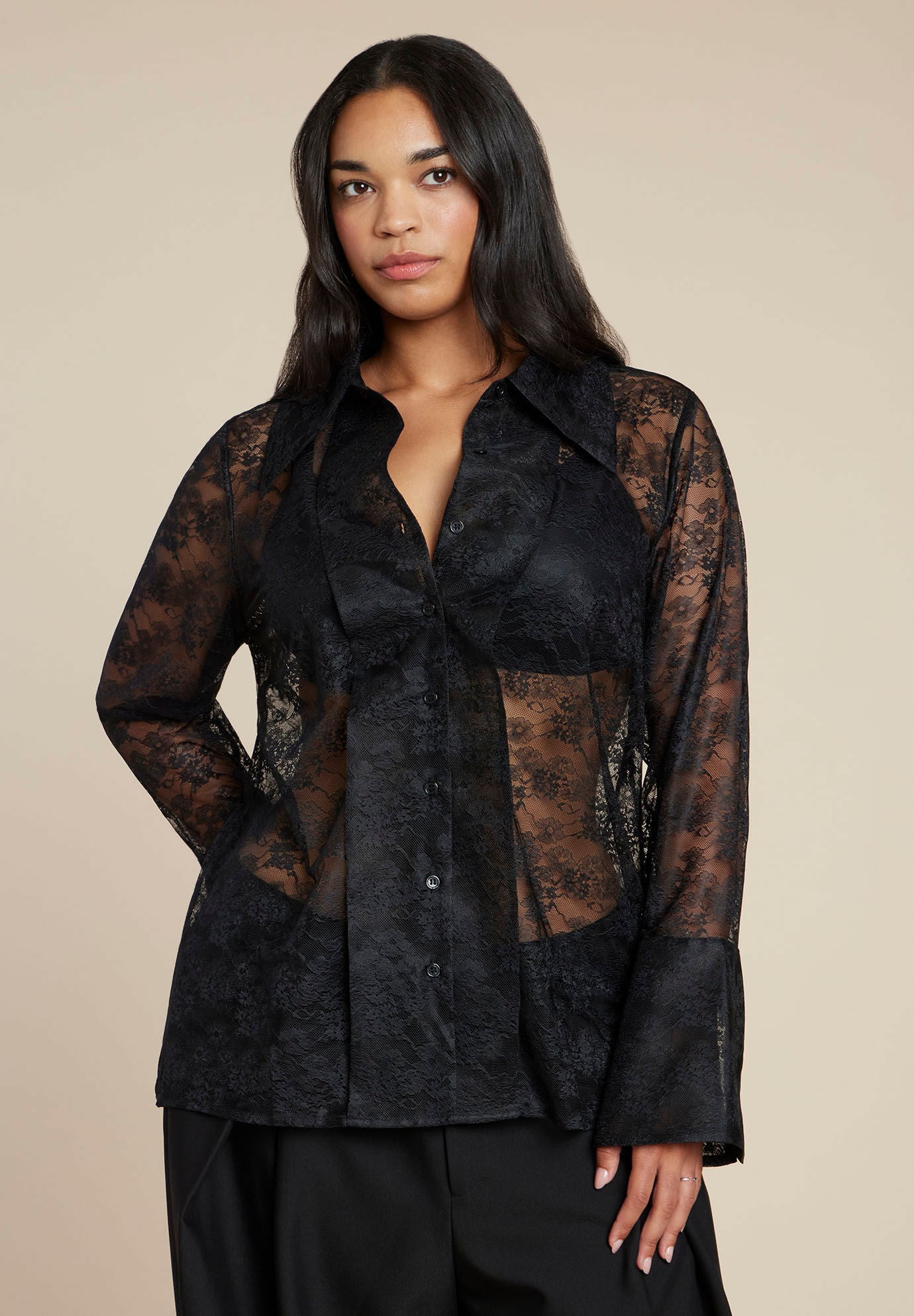Sheer Lace Button Up Top | Dia & Co
