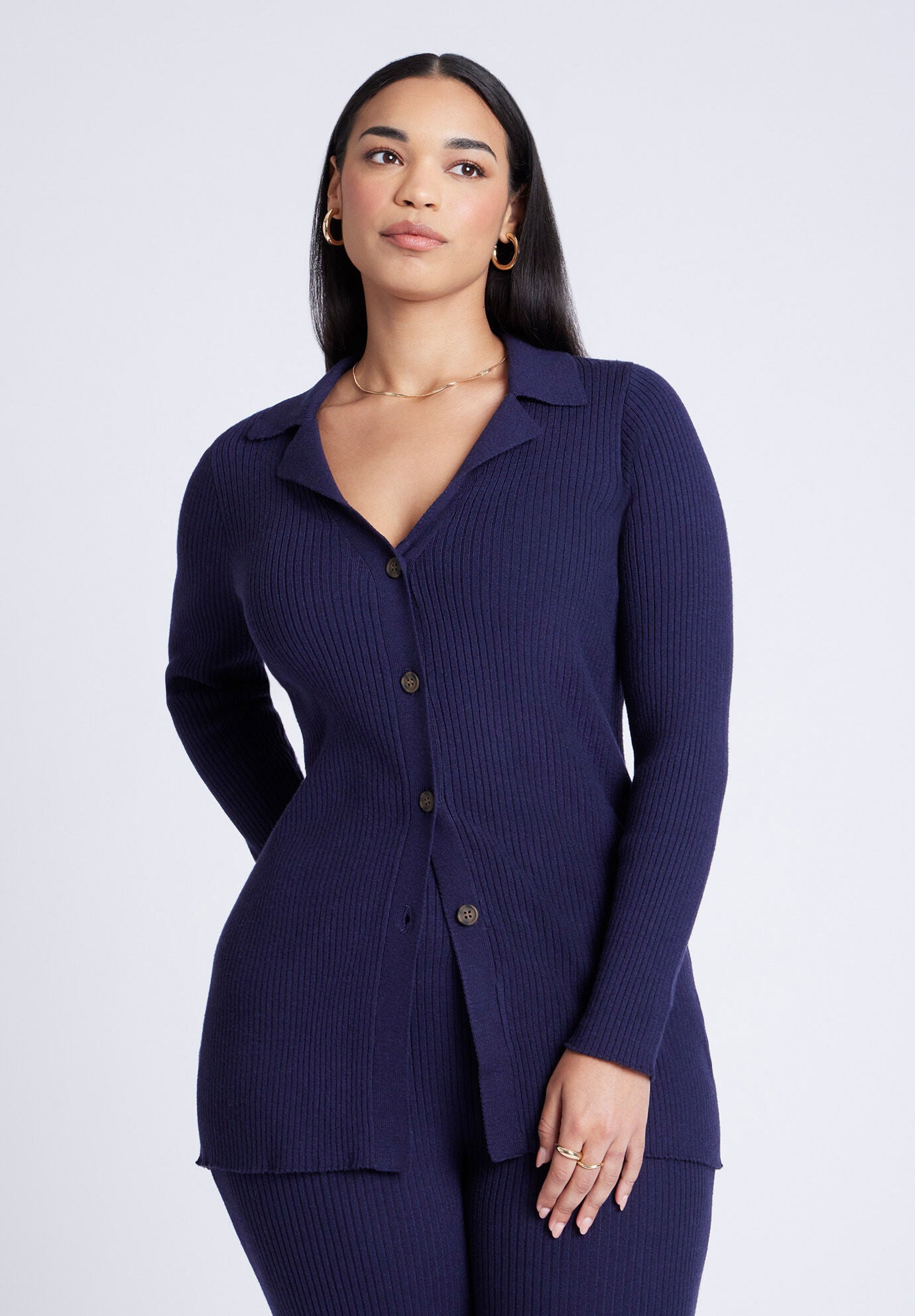 Button Front Long Ribbed Cardigan | Dia & Co