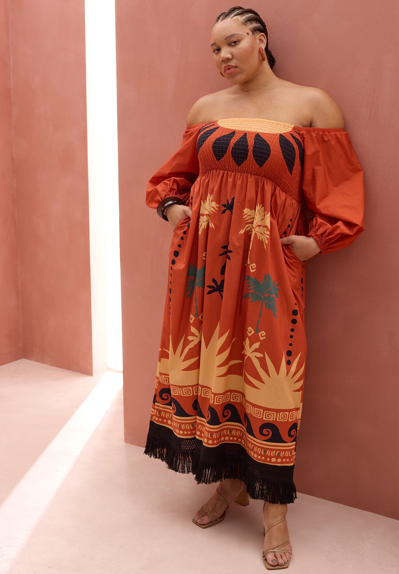 Printed Puff Sleeve Fringe Maxi | Dia & Co