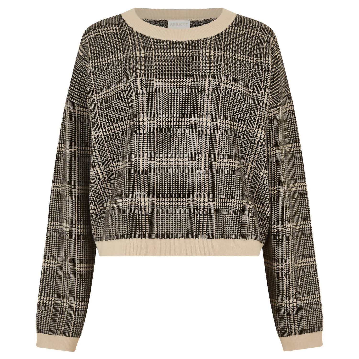 KNITTED PRINCE OF WALES CHECK JUMPER IN STONE | Dia & Co