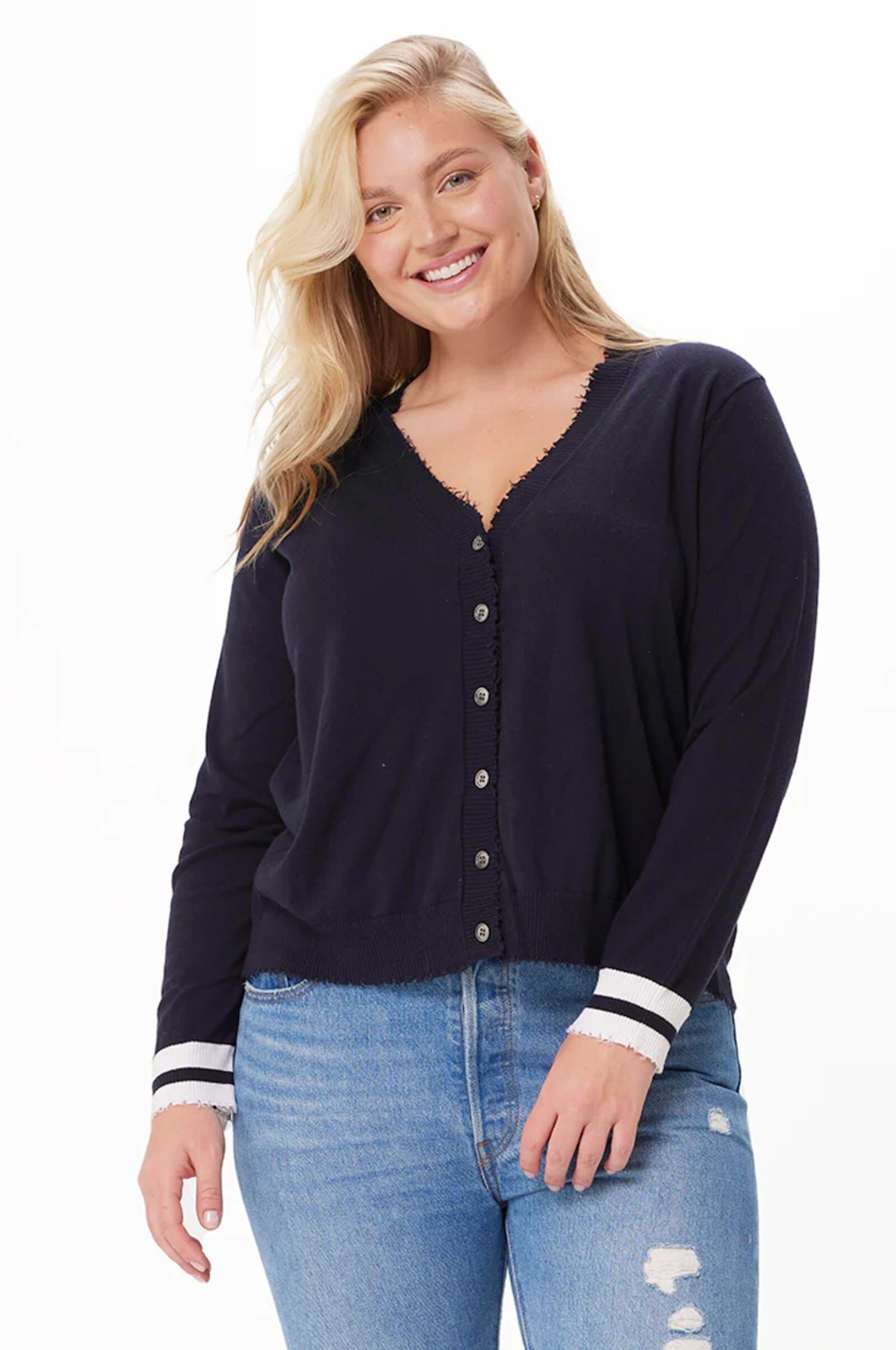 Cotton Cashmere Frayed Cardigan w/ Striped Cuff | Dia & Co