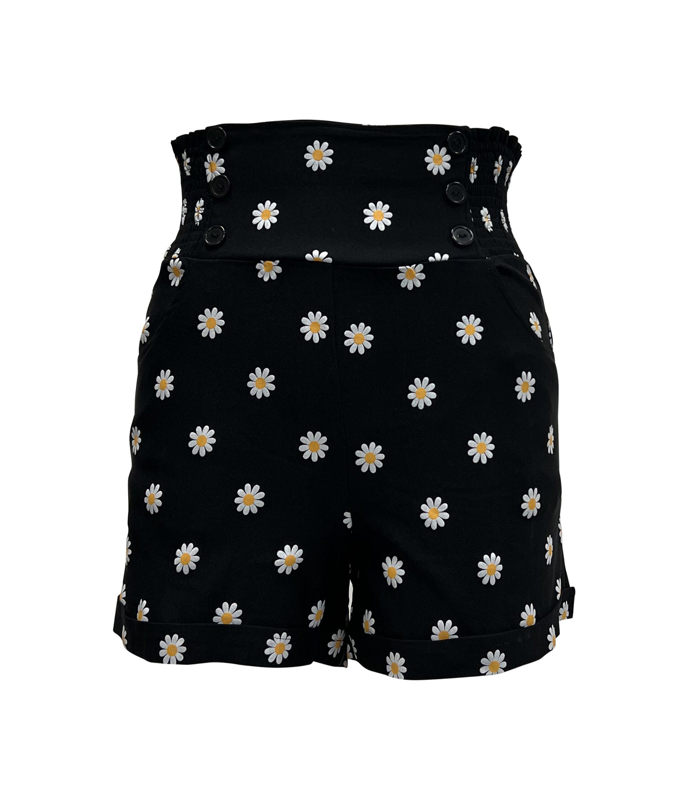 Unique Vintage Black Daisy Print Sandy Shorts | Dia & Co
