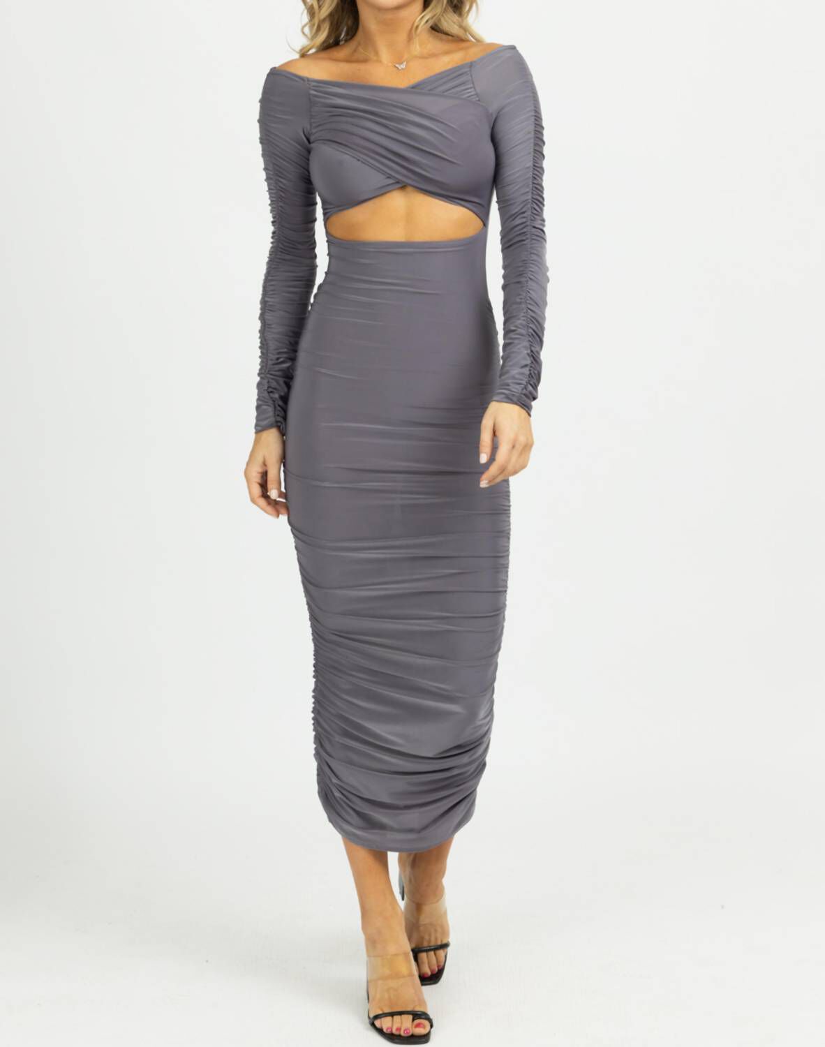 OFF-SHOULDER SHIRRED SLINKY MIDI DRESS IN ASH | Dia & Co