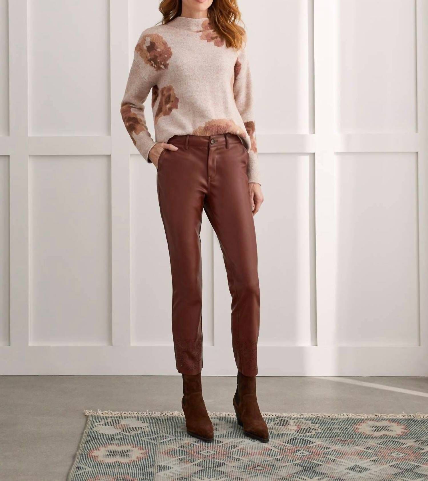 LASER CUT HEM FLY FRONT ANKLE PANT IN BAKED CLAY | Dia & Co