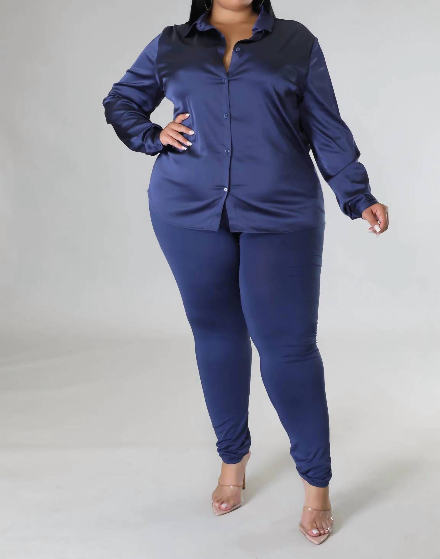 SATIN SASSY TWO PIECE SET IN NAVY | Dia & Co