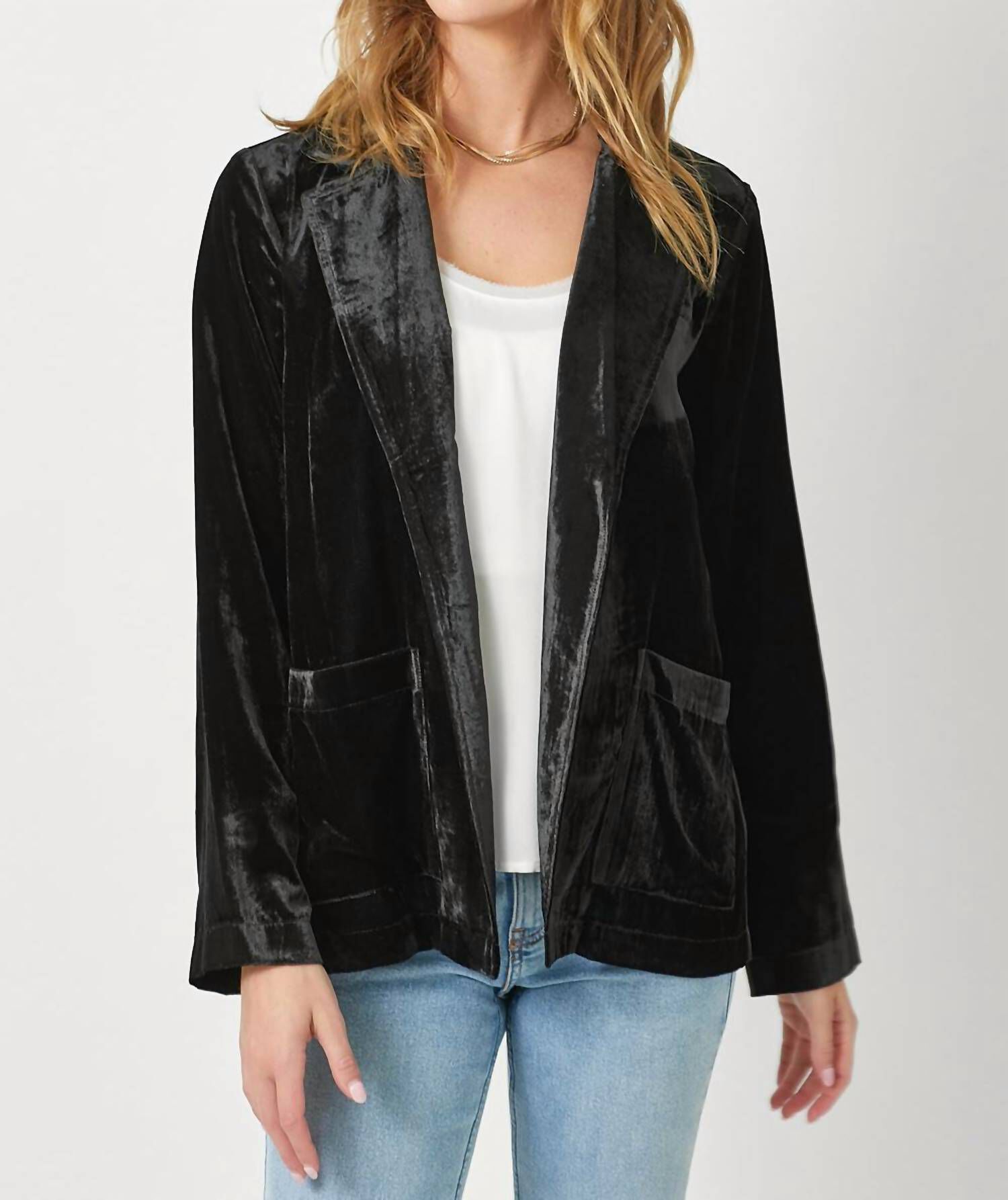 VELVET OPEN JACKET IN BLACK | Dia & Co