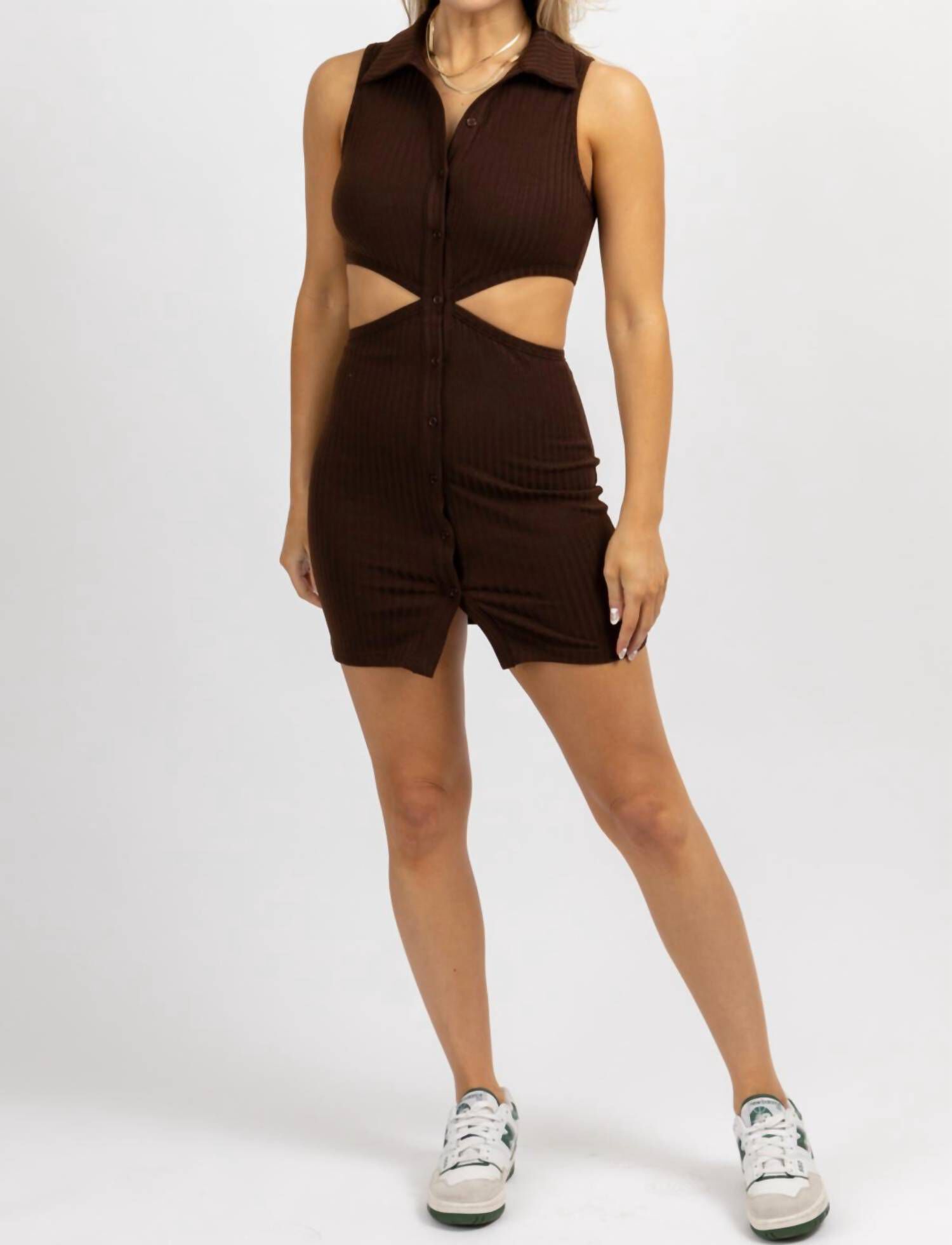 COLLARED CUTOUT MINI DRESS IN CHOCOLATE | Dia & Co