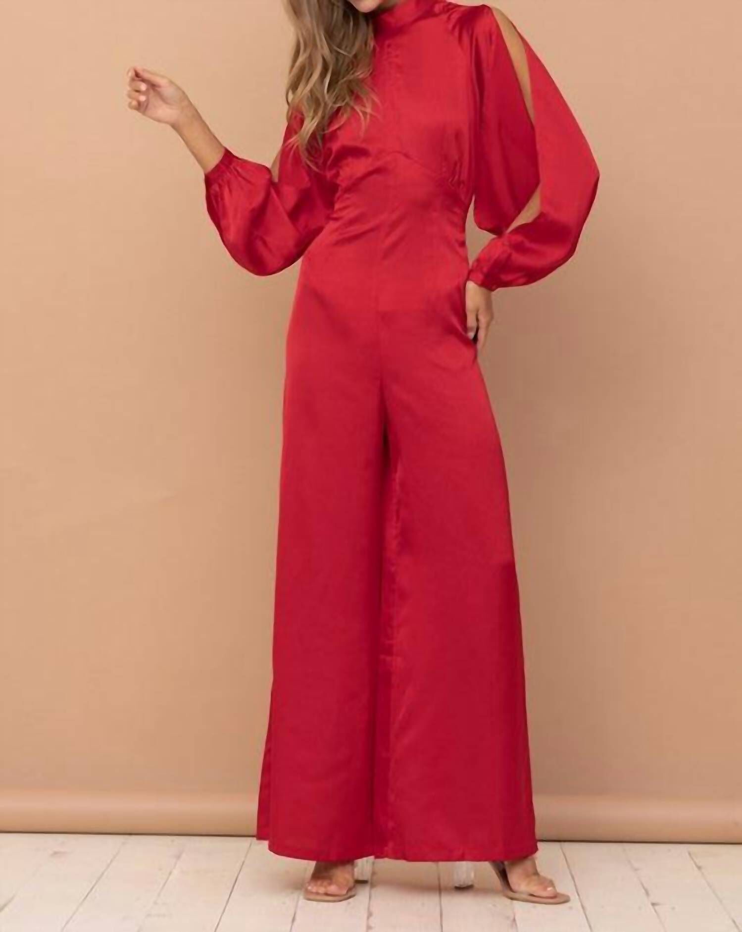 The Mariah Satin Open-Back Jumpsuit in Red | Dia & Co
