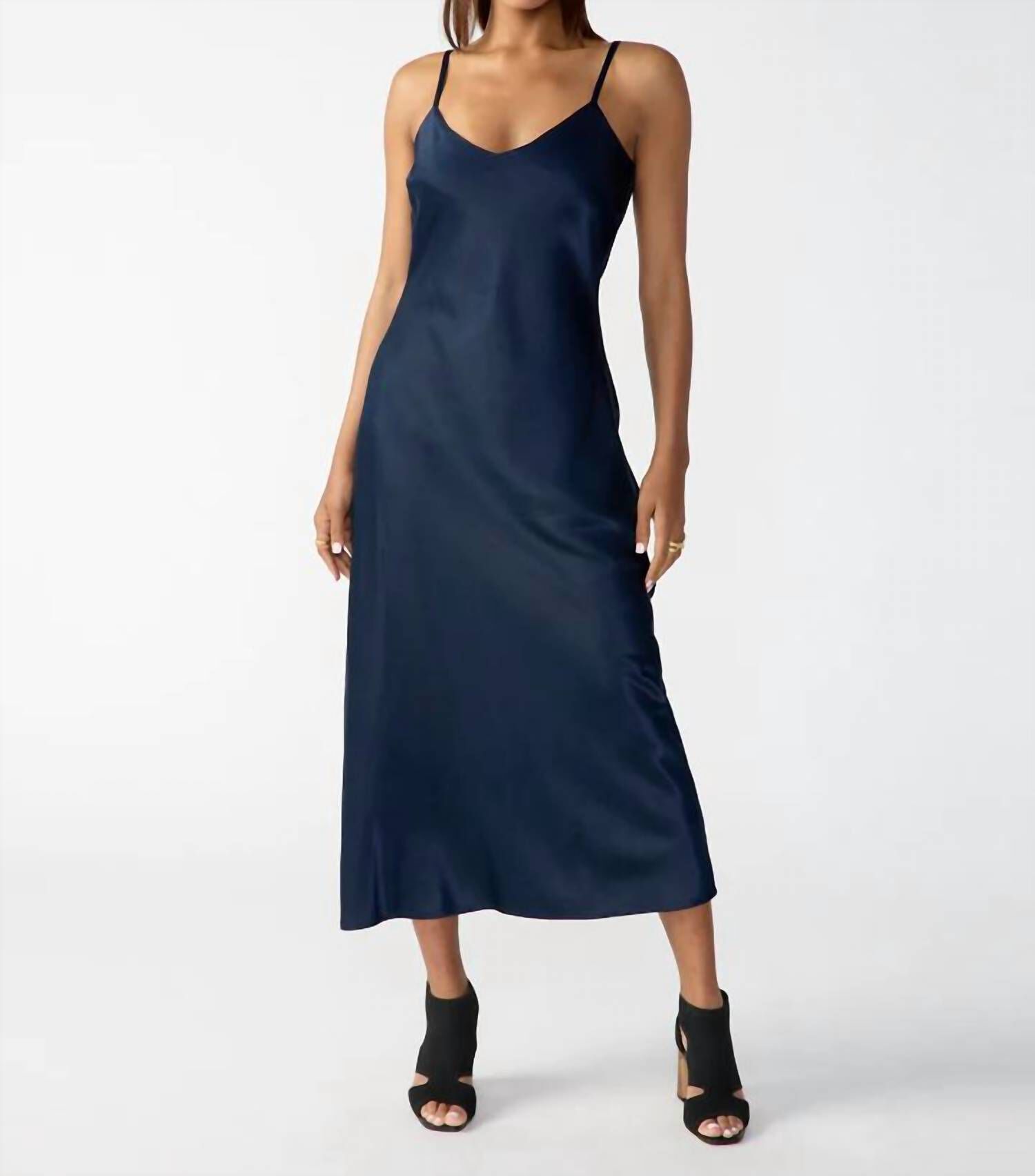 SLIP MIDI DRESS IN NAVY REFLECTION | Dia & Co