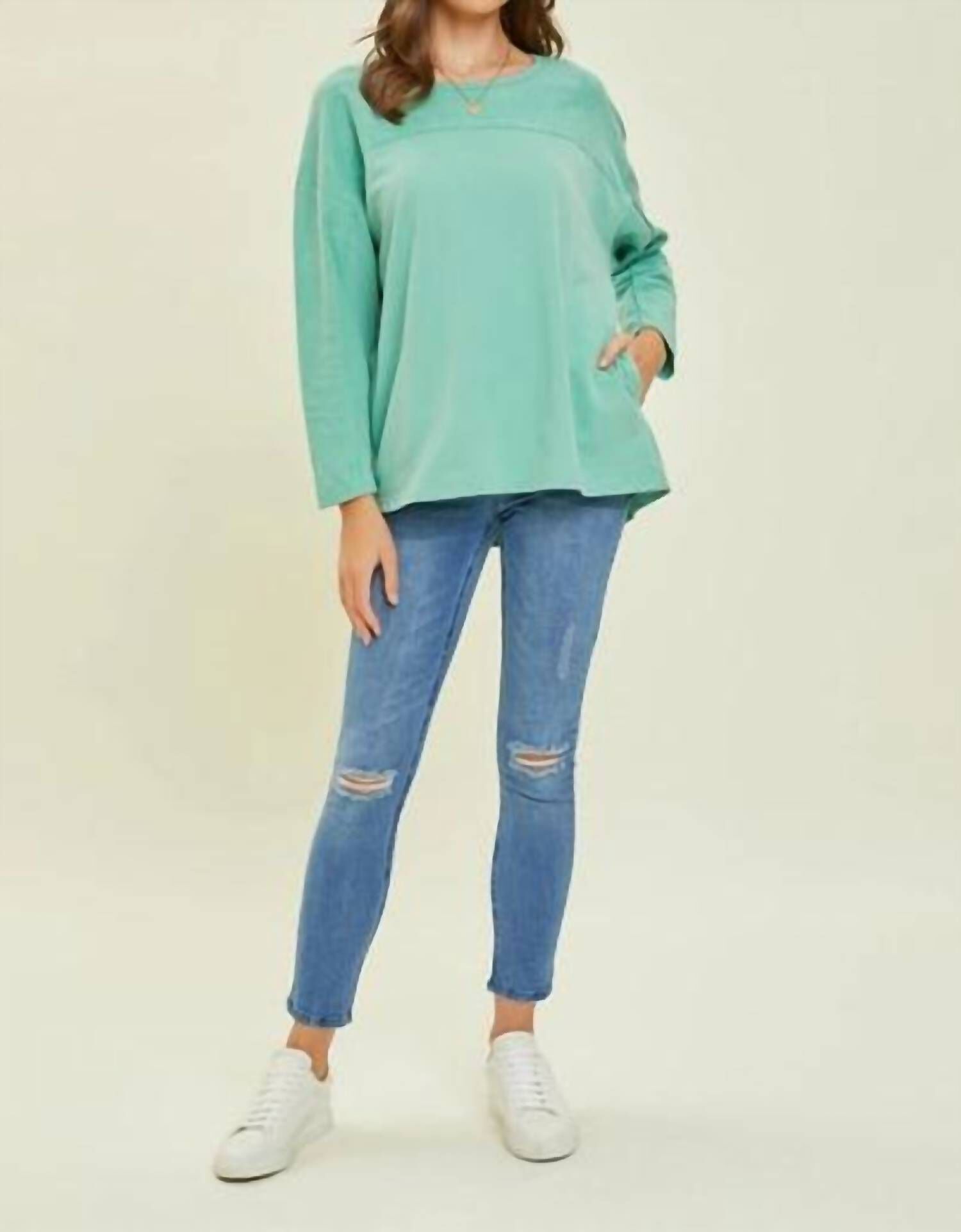 SOFT FRENCH TERRY OVERSIZED LAYERING TOP IN JADE | Dia & Co