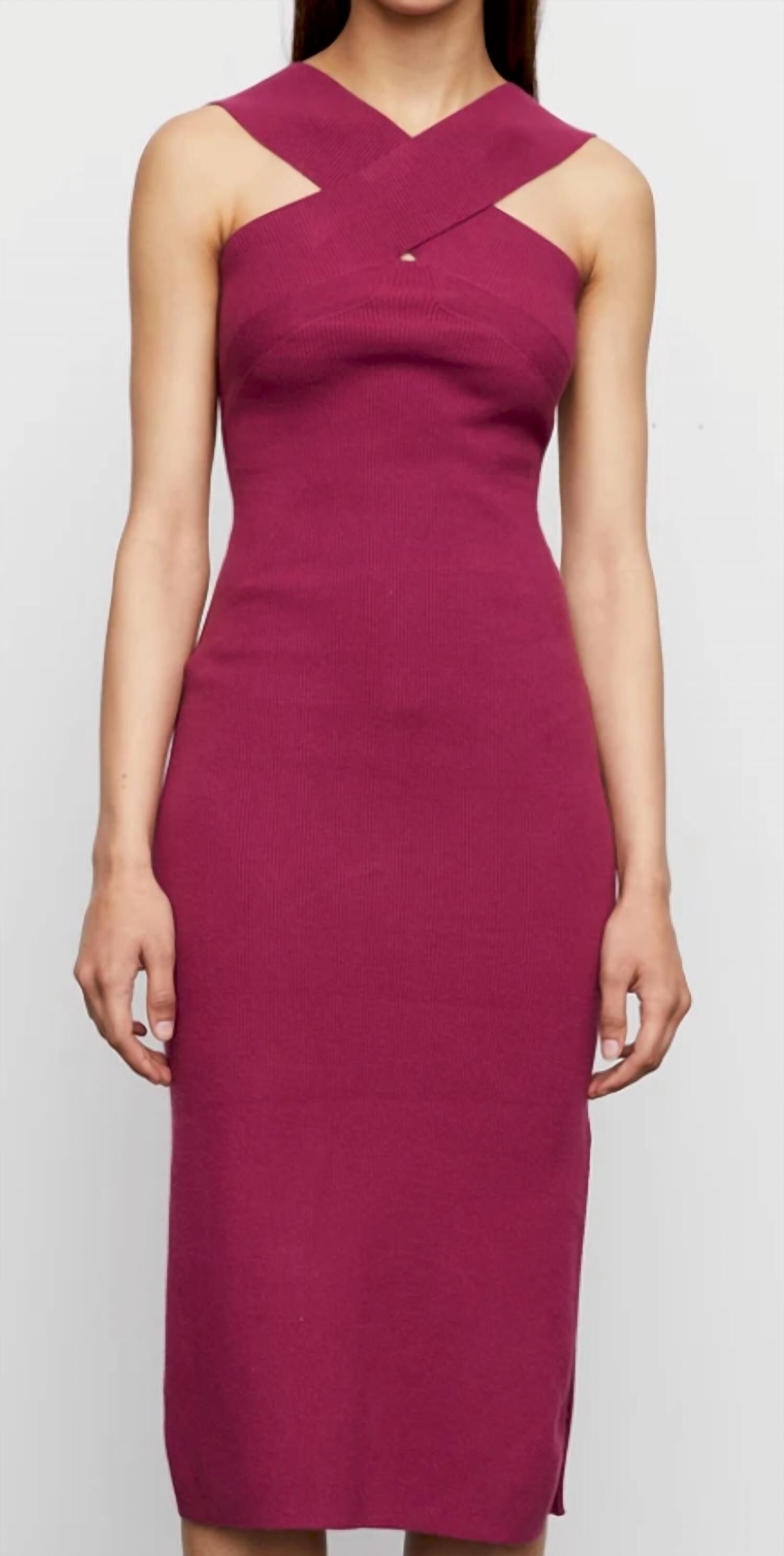 Edith Sculpted Cold Shoulder Ribbed Knit Dress in Ruby | Dia & Co