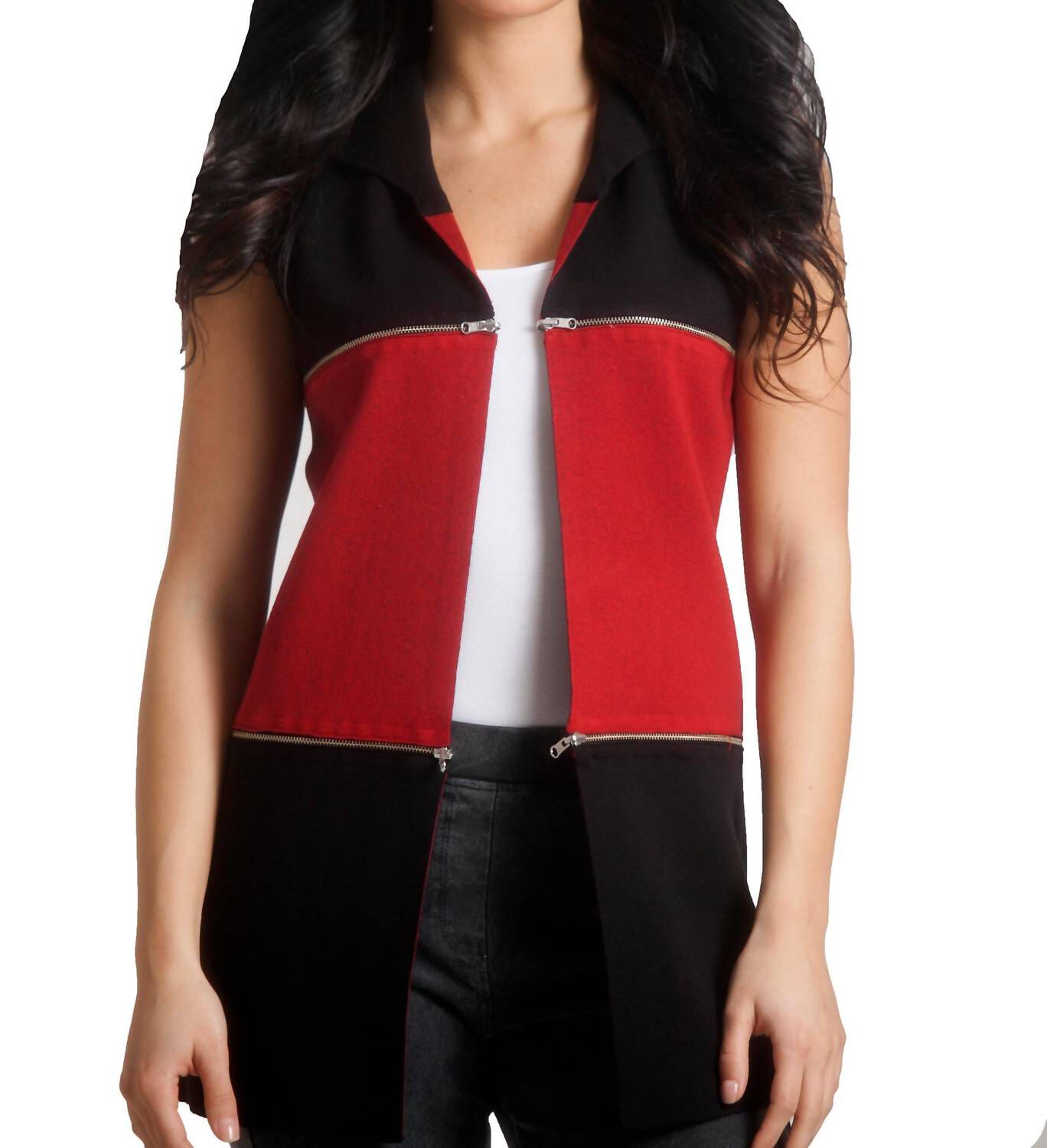 DOUBLE ZIP REVERSIBLE LONG VEST IN BLACKRED | Dia & Co