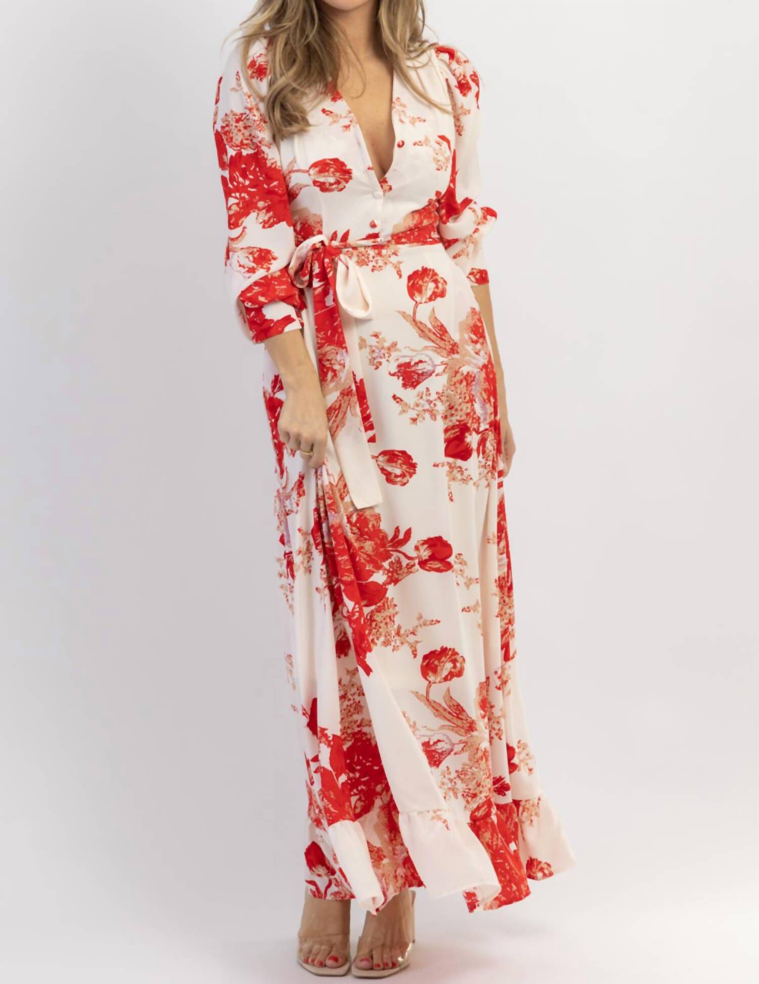 RITZY FLORAL MAXI DRESS IN RED | Dia & Co