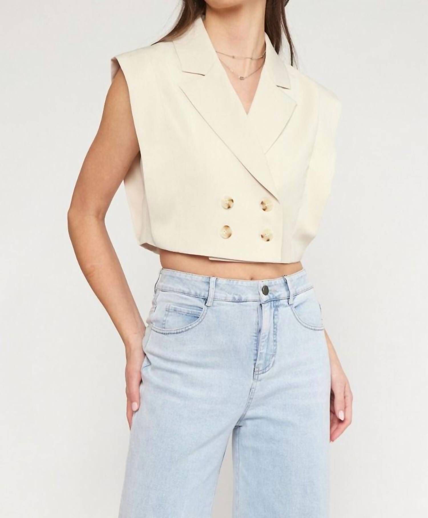 DOUBLE BREASTED CROPPED VEST IN NATURAL | Dia & Co