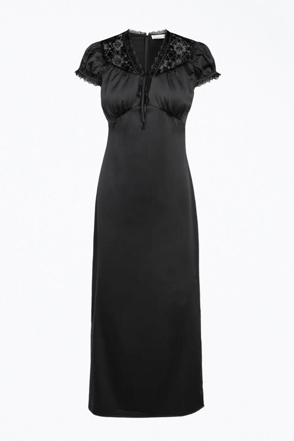 LACE-TRIMMED SATIN MIDI DRESS IN BLACK | Dia & Co