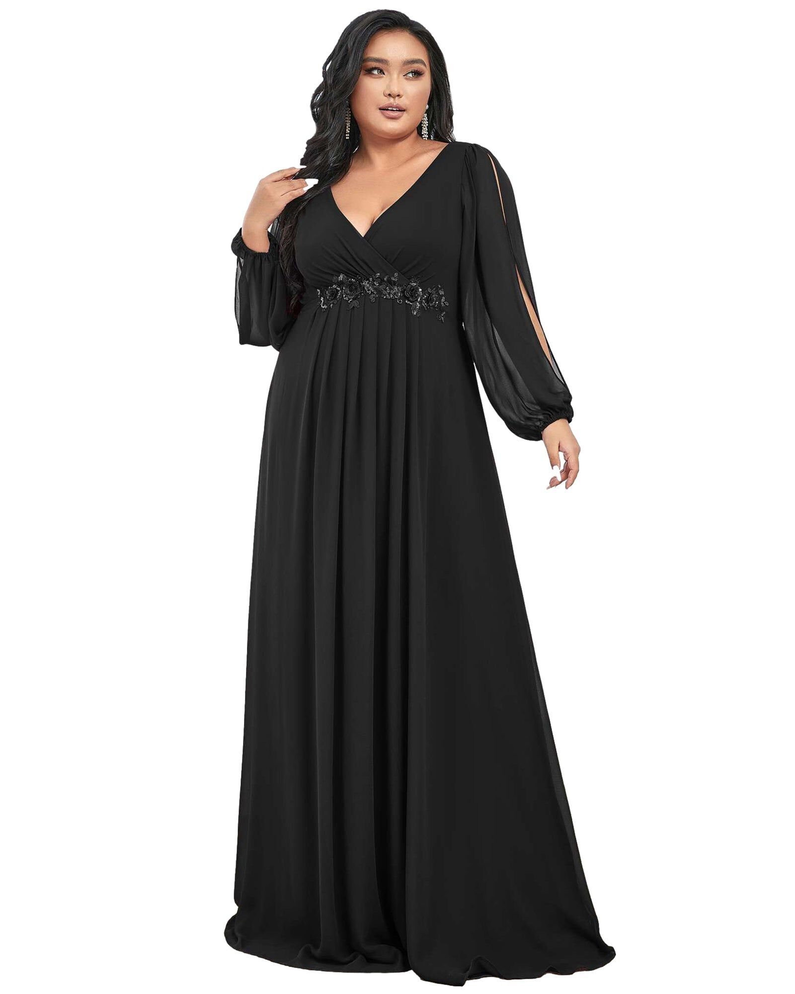 Chiffon V-Neckline Long Sleeve Formal Evening Dress | Dia & Co