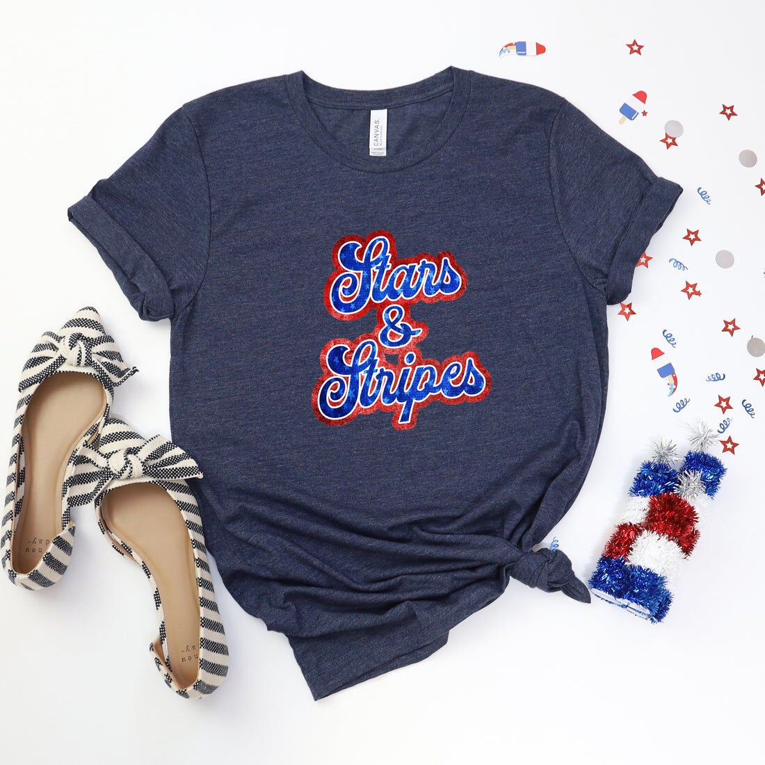 Stars and Stripes Cursive Short Sleeve Graphic Tee | Dia & Co