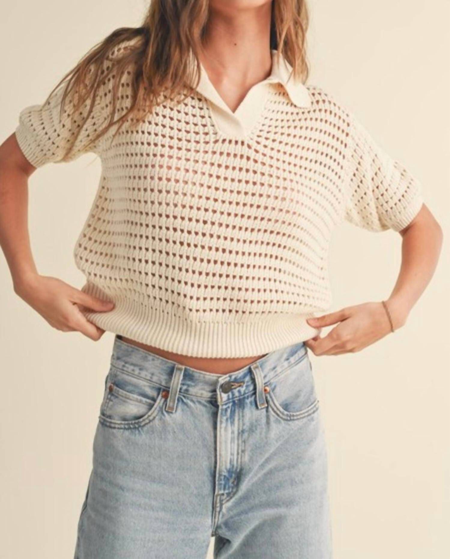 CROCHET COLLARED TOP IN CREAM | Dia & Co