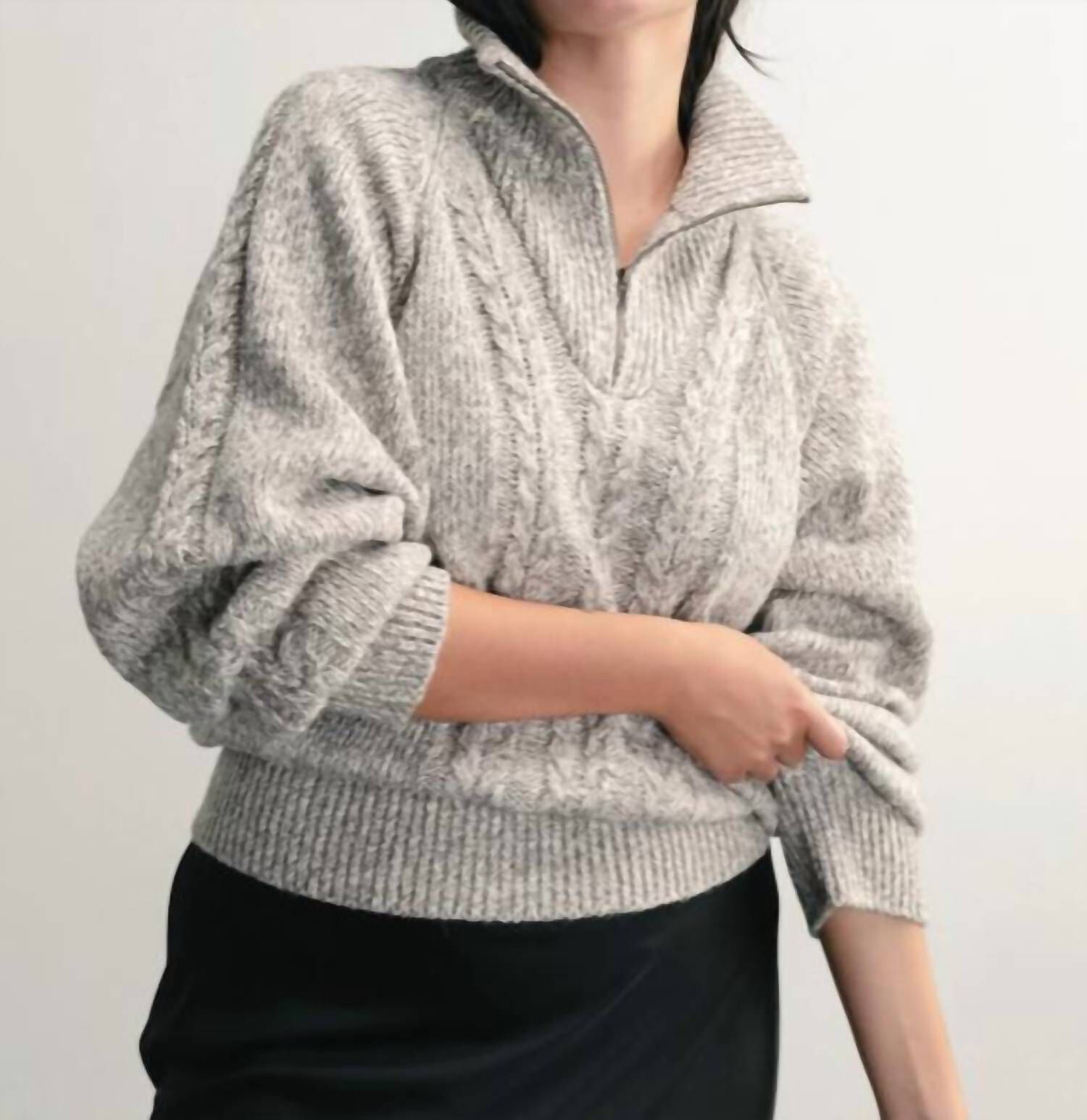 TRUSTY CABLE KNIT SWEATER IN PEBBLE | Dia & Co