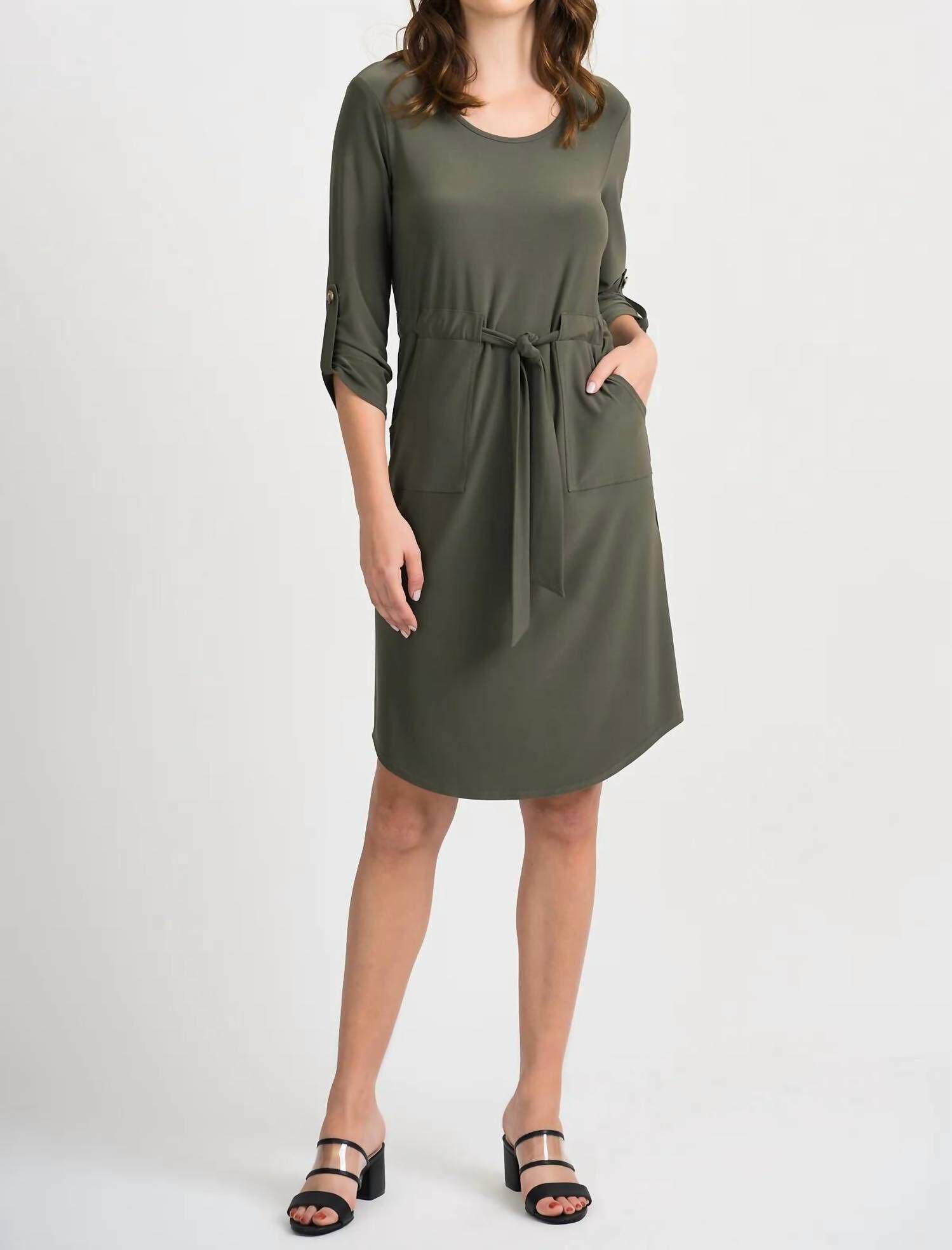 GATHERED THREE-QUARTER LENGTH DRESS IN AVOCADO | Dia & Co