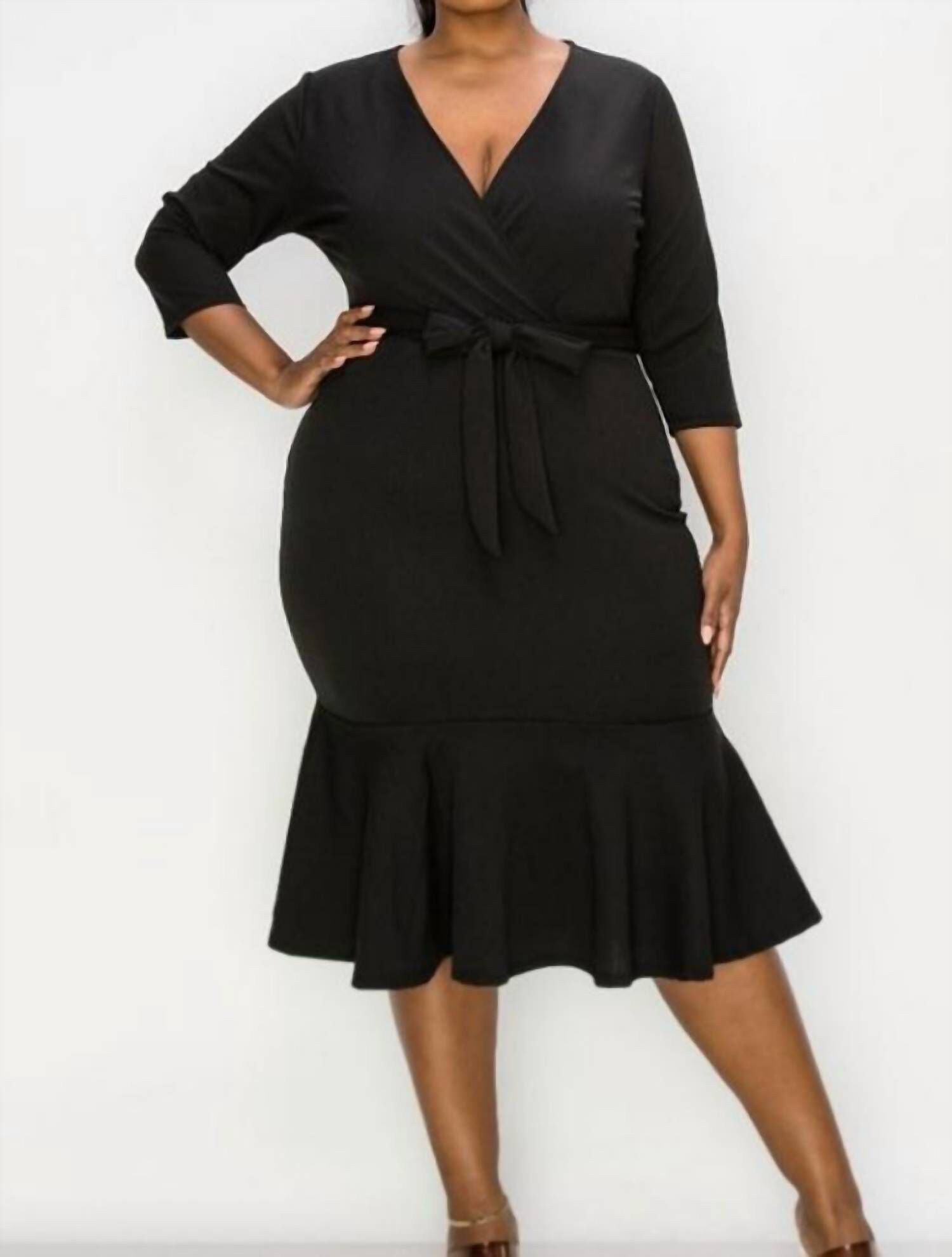 BELTED RUFFLE BOTTOM DRESS IN BLACK | Dia & Co