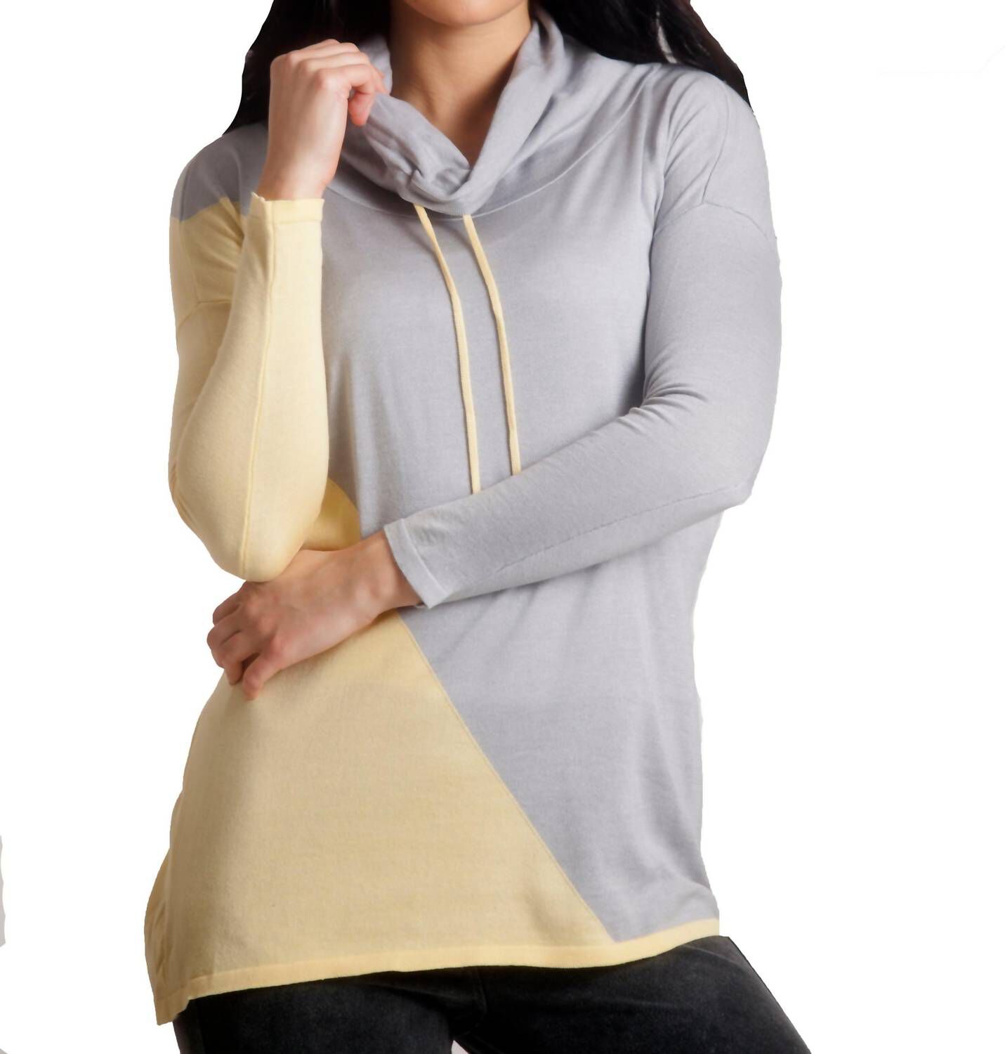 2-TONE DRAW STRING COWL NECK PULLOVER IN YELLOW/GRAY | Dia & Co