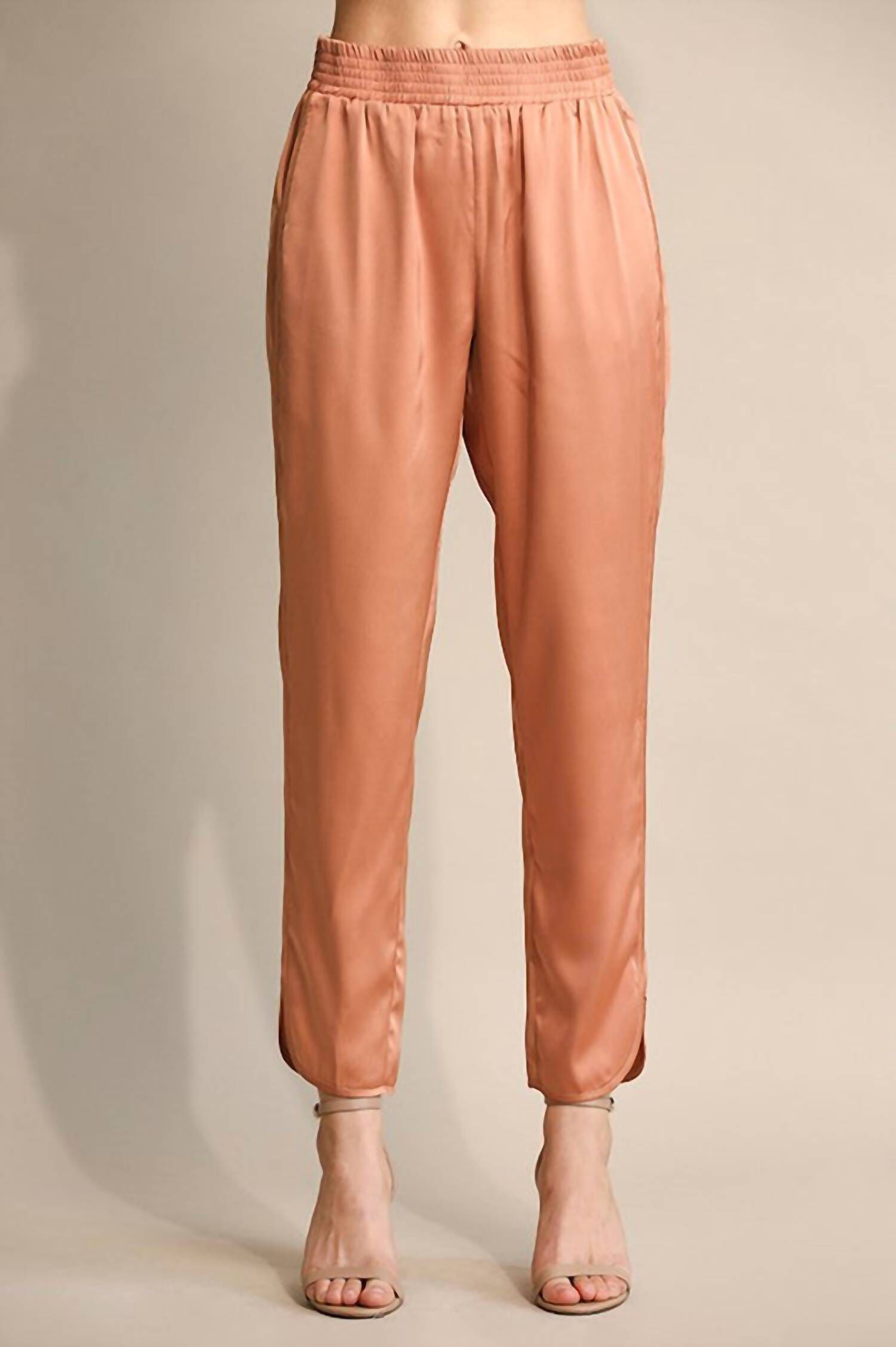 STRAIGHT LEG SATIN PANTS IN ROSE CLAY | Dia & Co