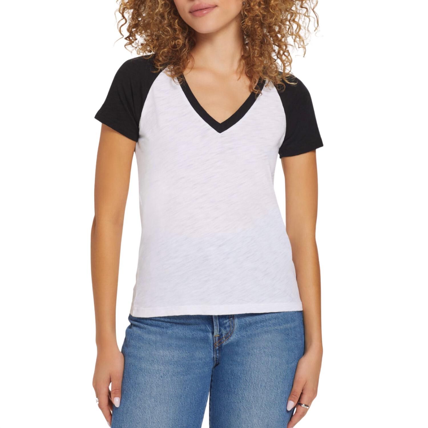 TWO TONE V NECK RAGLAN TEE IN WHITE/BLACK | Dia & Co