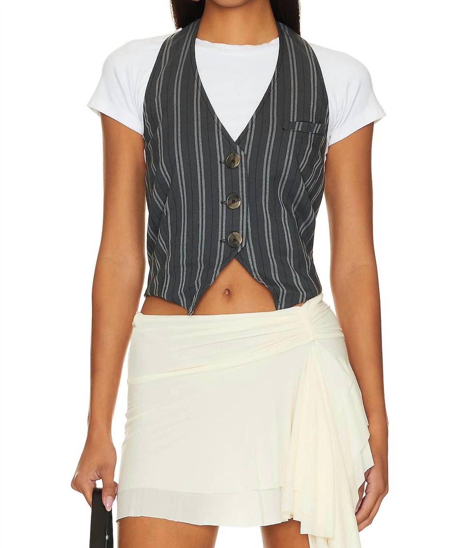 DAKOTA STRIPE VEST IN GREY MULTI | Dia & Co