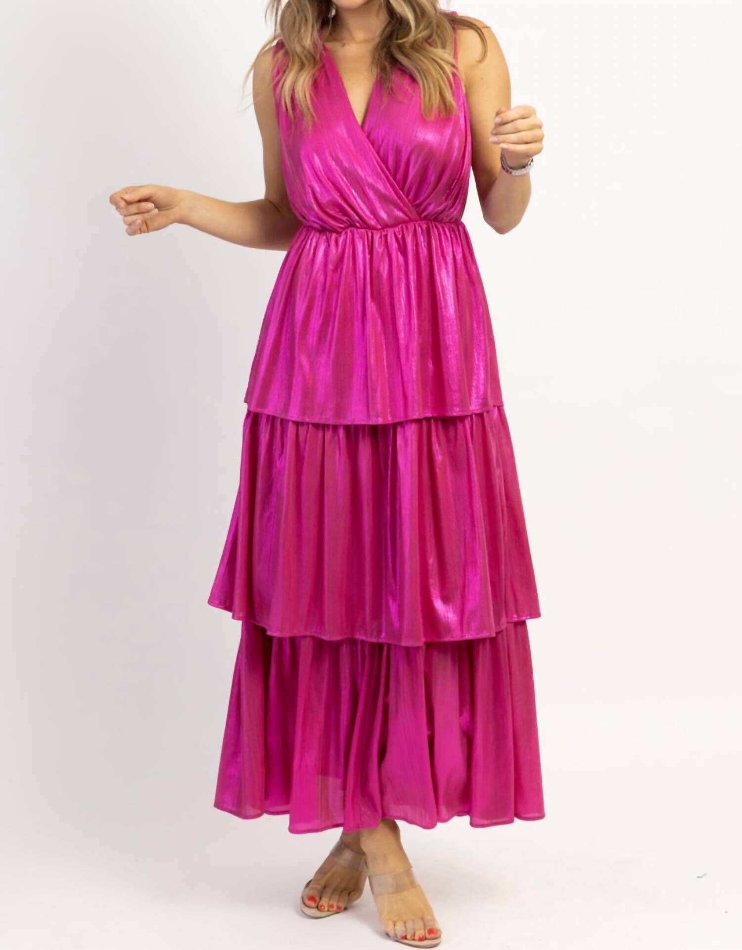 SHIMMER TIERED MAXI DRESS IN FUSCHIA | Dia & Co