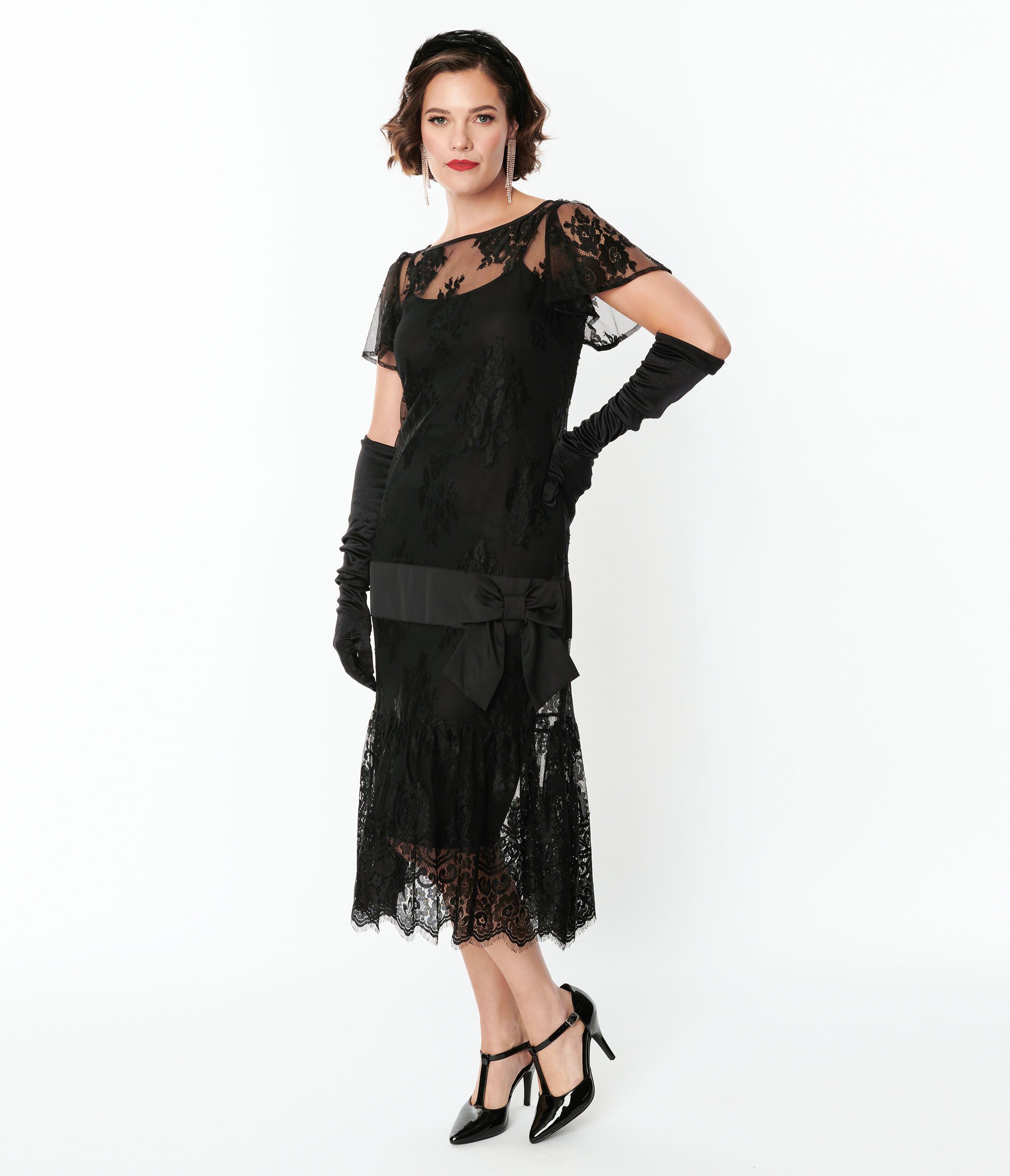 Unique Vintage Black Lace & Bow Flapper Dress | Dia & Co