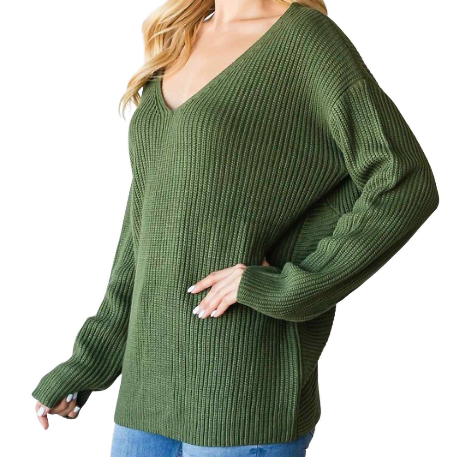 TWISTED OPEN BACK SWEATER IN OLIVE | Dia & Co