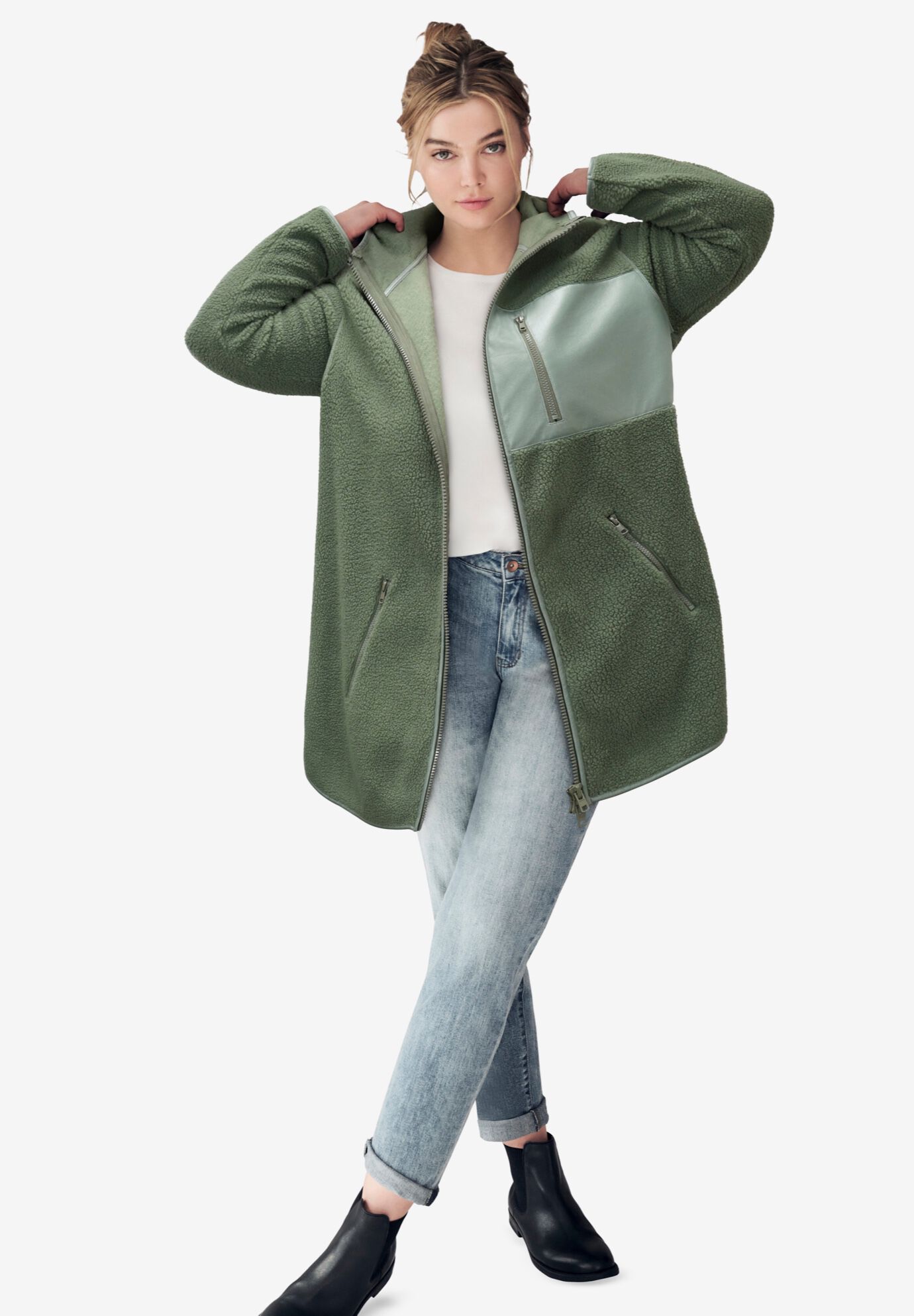 Zip Front Hooded Sherpa Jacket | Dia & Co